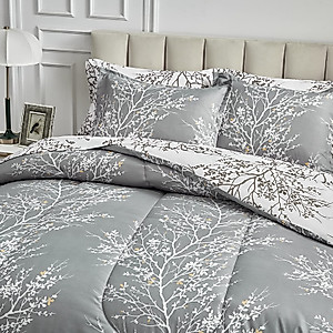 Flysheep Gray Comforter Set Queen Size, Branch with Yellow Flower on Grey and White Reversible Modern Bedding Set, Ultra Soft Microfiber for All Season