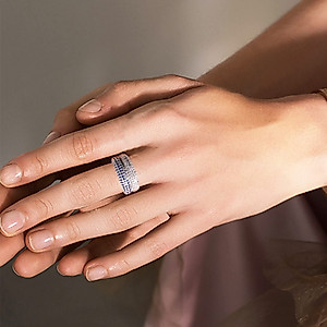 Mozume Two Tone Cubic Zirconia Eternity Rings For Women Double Row Blue Simulated Sapphire Cocktail Ring CZ Band - 14K White Gold Plated (6)