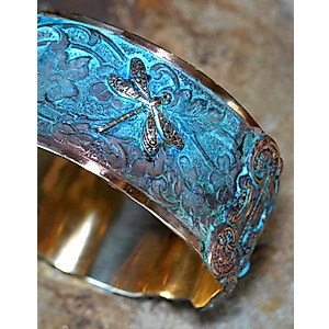Elaine Coyne Wearable Art Patina Brass Dragonflies Cuff Bracelet - Turquoise