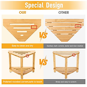 IBosins Corner Shower Stool Shower Foot Rest for Shaving Legs Small Shower Bench for Inside Shower to Sit on Bath Stool with Storage Shelf Shower Accesories (Bamboo Wood)