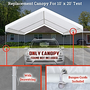 BenefitUSA 10x20' Waterproof Upgraded Carport Replacement Canopy Only Garage Top Cover Tent Shelter Tarp with Ball Bungee Cords,Frame is not Included White