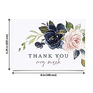 Bliss Collections Thank You Postcards, Navy Floral, Cards for Weddings, Receptions, Baby or Bridal Showers, Birthdays, Graduations, Parties, Celebrations or Special Events, 4"x6" (50 Cards)