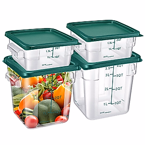 Barydat 4 Pcs Food Storage Container with Lids Set 2qt and 4qt Square Clear Commercial Containers with Scales Handles for Home Restaurant Kitchen Food Storage, Proof Dough, Marinating Meat (Green)