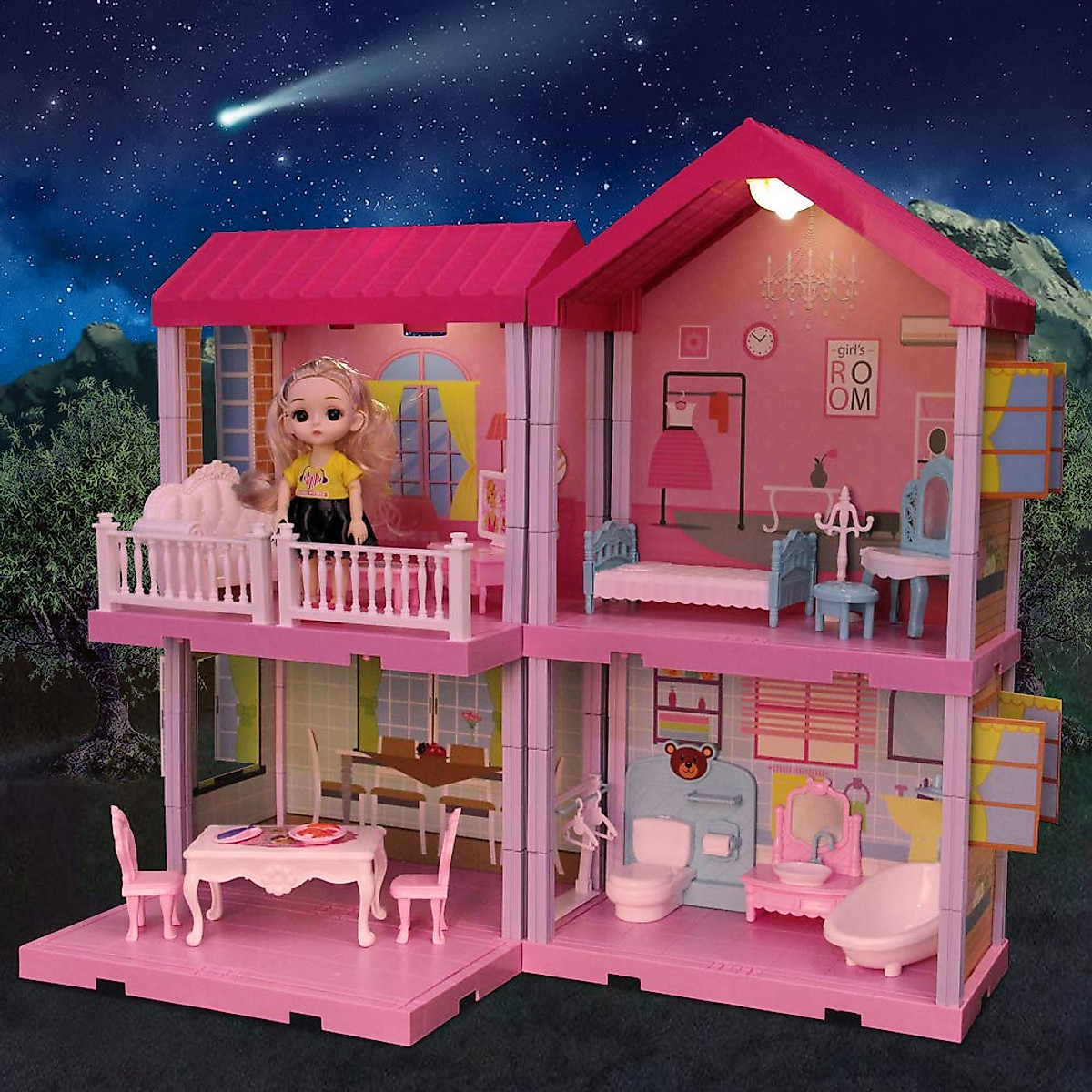 Dollhouse Kit, Doll House Asseccories and Furniture, DIY Pretend Play Building Playset Toys with Doll and Lights, Princess House for Toddlers, Kids Boys & Girls (4 Rooms)