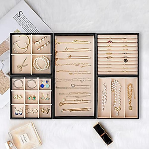 ProCase Jewelry Organizer Jewelry Tray Jewelry Drawer Inserts, Set of 5 Stackable Jewelry Drawer Dividers Container Necklace Display Trays Storage Box for Dresser Earring Rings Bracelet - Black