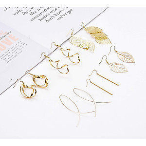 FUNEIA 6 Pairs Drop Dangle Earrings for Women Long Bar Double Twist Wave Curved Threader Cut Out Leaf Lightweight Earrings Set