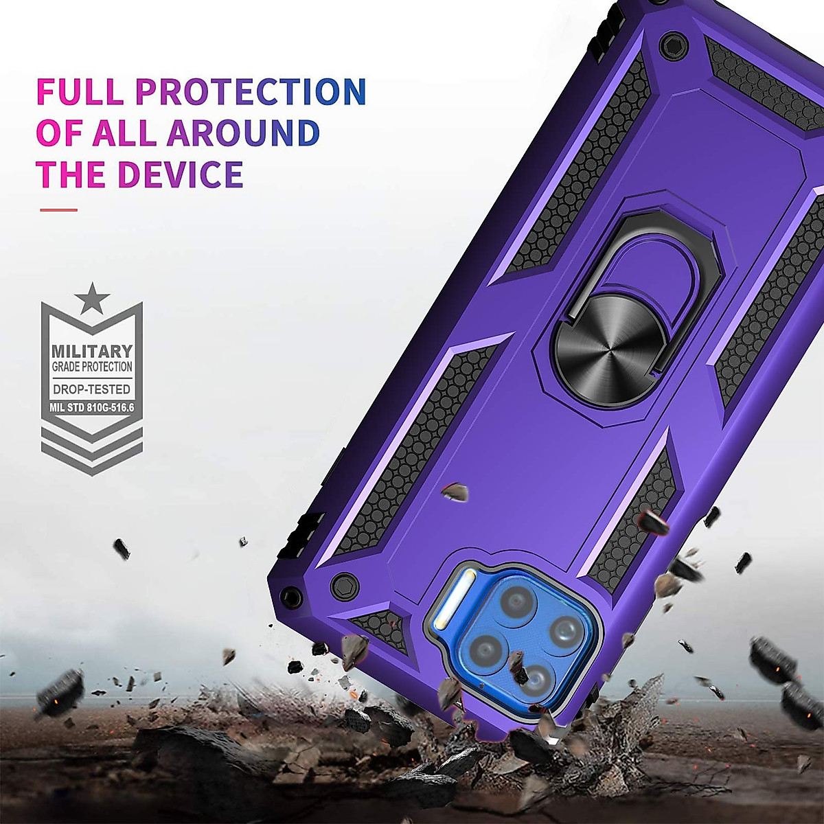 Androgate Compatible with Moto One 5G Case, Motorola One 5G UW Case, with Tempered Glass Screen Protectors, Military-Grade Metal Ring Kickstand 19ft Drop Tested Shockproof Cover Case, Purple
