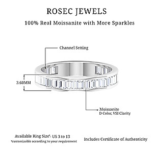 Certified Diamond Moissanite Half Eternity Band Ring, D Color VS1 Clarity - With Ready To Gift Jewelry Box, 14K White Gold, Size:US 10.00