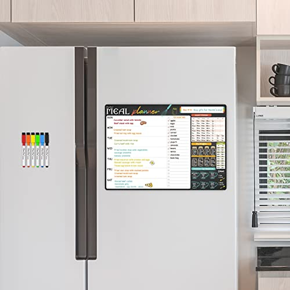 Magnetic Dry Erase Menu Board - 17"x12" Meal Planning Board for Fridge - 6 Extra Fine Point Markers Included - Shipped Flat