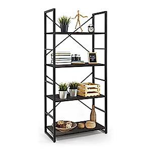 Fencer Wire 4 Tier Free Standing Shelf, 24 Inch Width Bookshelf, Bookcase Shelf Storage Organizer, Industrial Book Shelves for Home Office, Living Room, Kitchen, Black Wooden Shelves & Metal Frame