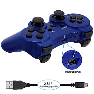 Ceozon PS3 Controller 2 Pack with Six-Axis Dual Vibration Wireless Control with Charging Cables Black + Blue