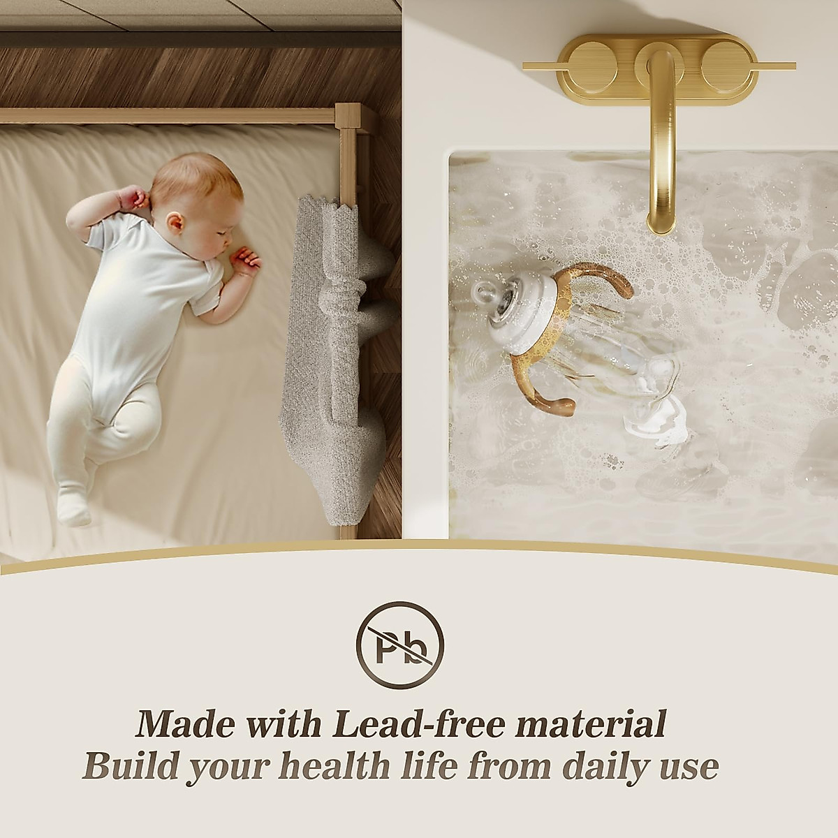 Brushed Gold 4 Inch 2 Handle Centerset Lead-Free Bathroom Faucet, Swivel Spout with Copper Pop Up Drain and 2 Water Supply Lines, BF015-1-BG