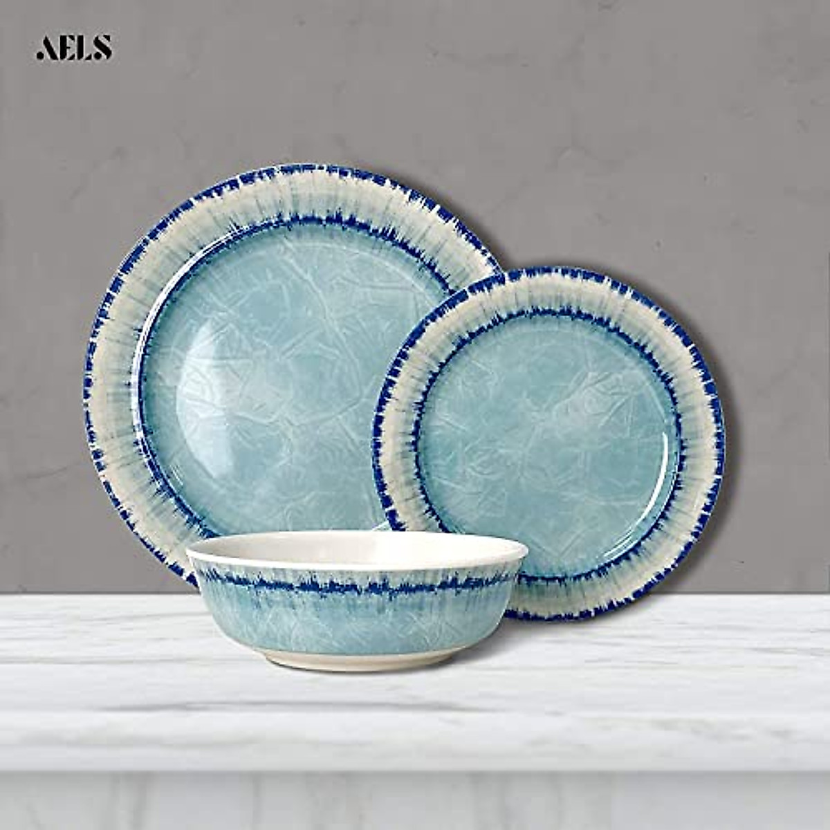 AELS Melamine Dinnerware Set of 18 Pcs Dinner Dishes Set, Lightweight Unbreakable for Indoor and Outdoor Use, BPA Free, Dishwasher Safe, Light Blue