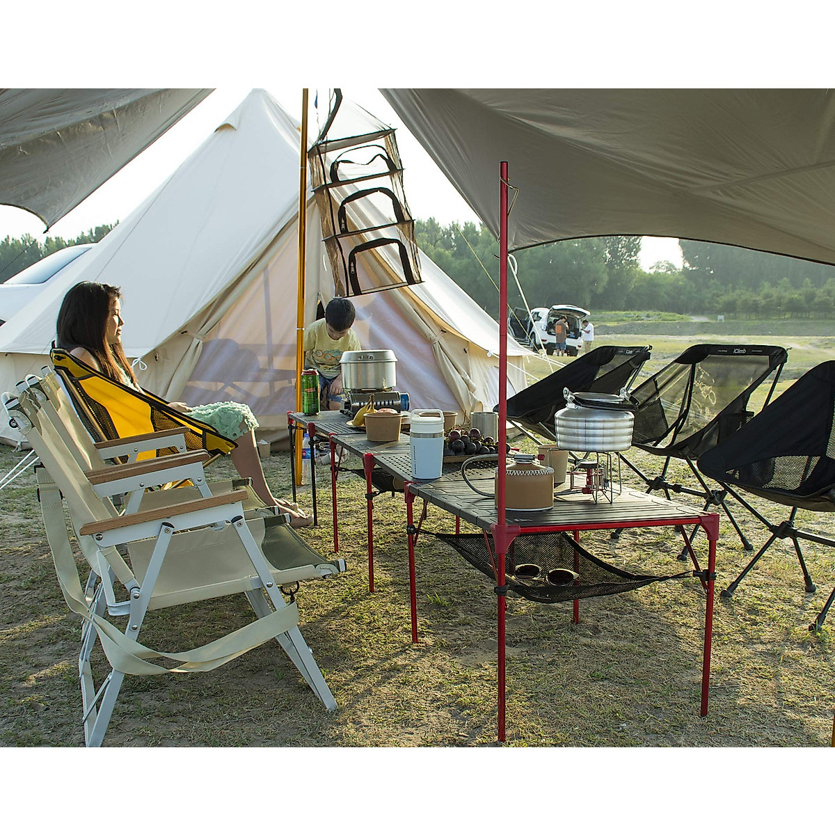 iClimb Extendable Folding Table Large Tabletop Area Ultralight Compact with Hollow Out Tabletop for Camping Backpacking Beach Concert BBQ Party, Three Size (Black - S + Hanger)