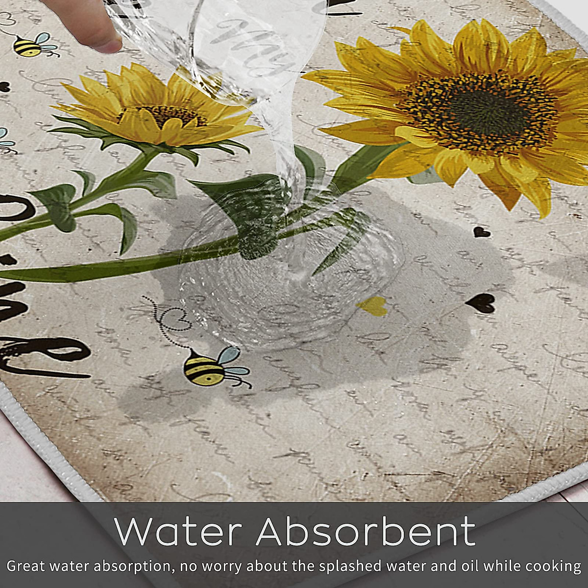 ZEREAA Absorbent Kitchen Rugs and Mats Non Skid Washable, Sunflower with Honey Bee Textured Soft Kitchen Mats for Kitchen, Floor Home, Office, Sink, Laundry, 20x24Inches+20x48Inches