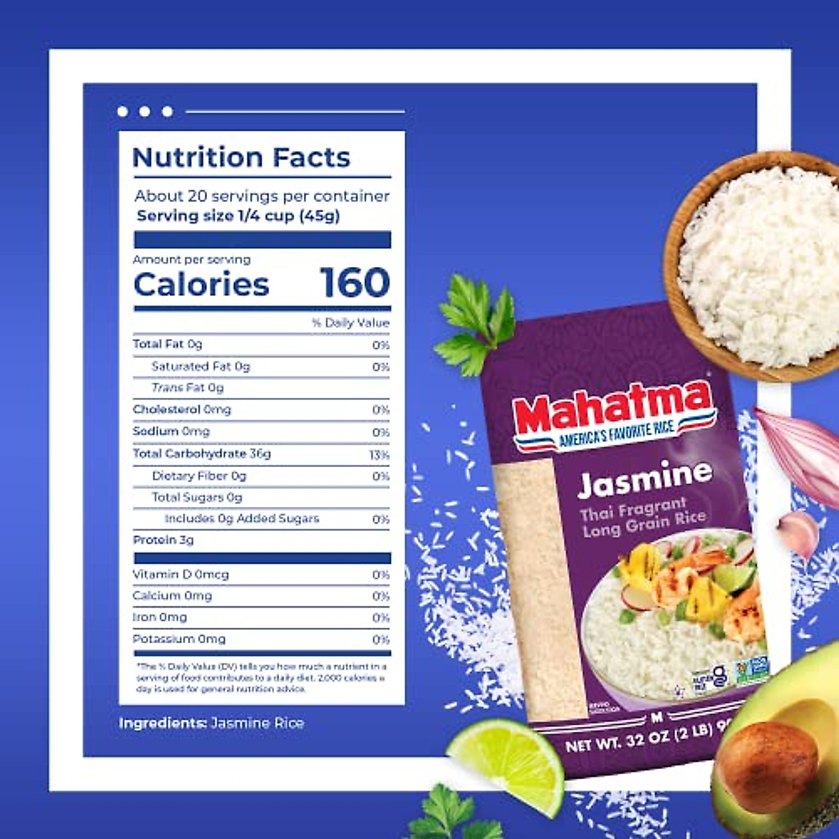 Mahatma Jasmine Rice, 2lb Bag of Rice, Thai, Indian, or Cambodian Fragrant Flavored Rice, Stovetop or Microwave Rice