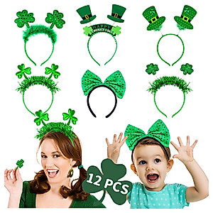 PARTYWIND 12 PCS St Patrick’s Day Headband, Glitter Saint Patricks Day Accessories Headbands for Women Kids with Shamrock/Hat/Bow, Irish Costume for Party Supplies