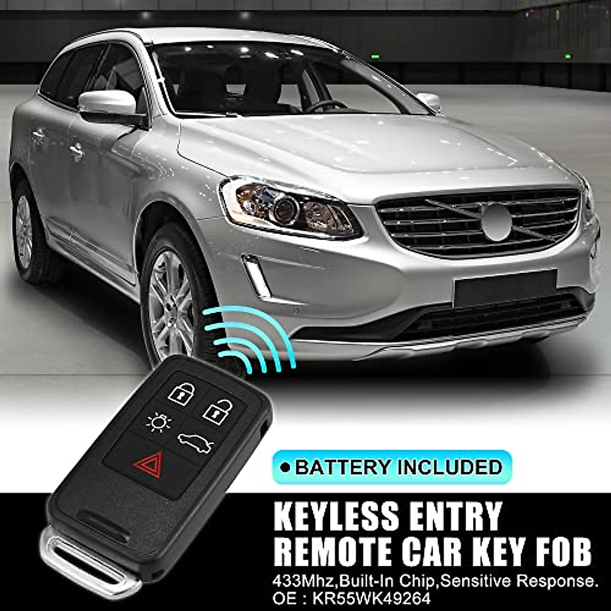 X AUTOHAUX Replacement Keyless Entry Remote Car Key Fob KR55WK49264 433Mhz for Volvo XC60 2010-2017 for Volvo XC70 2008-2016 5 Buttons with Door Key