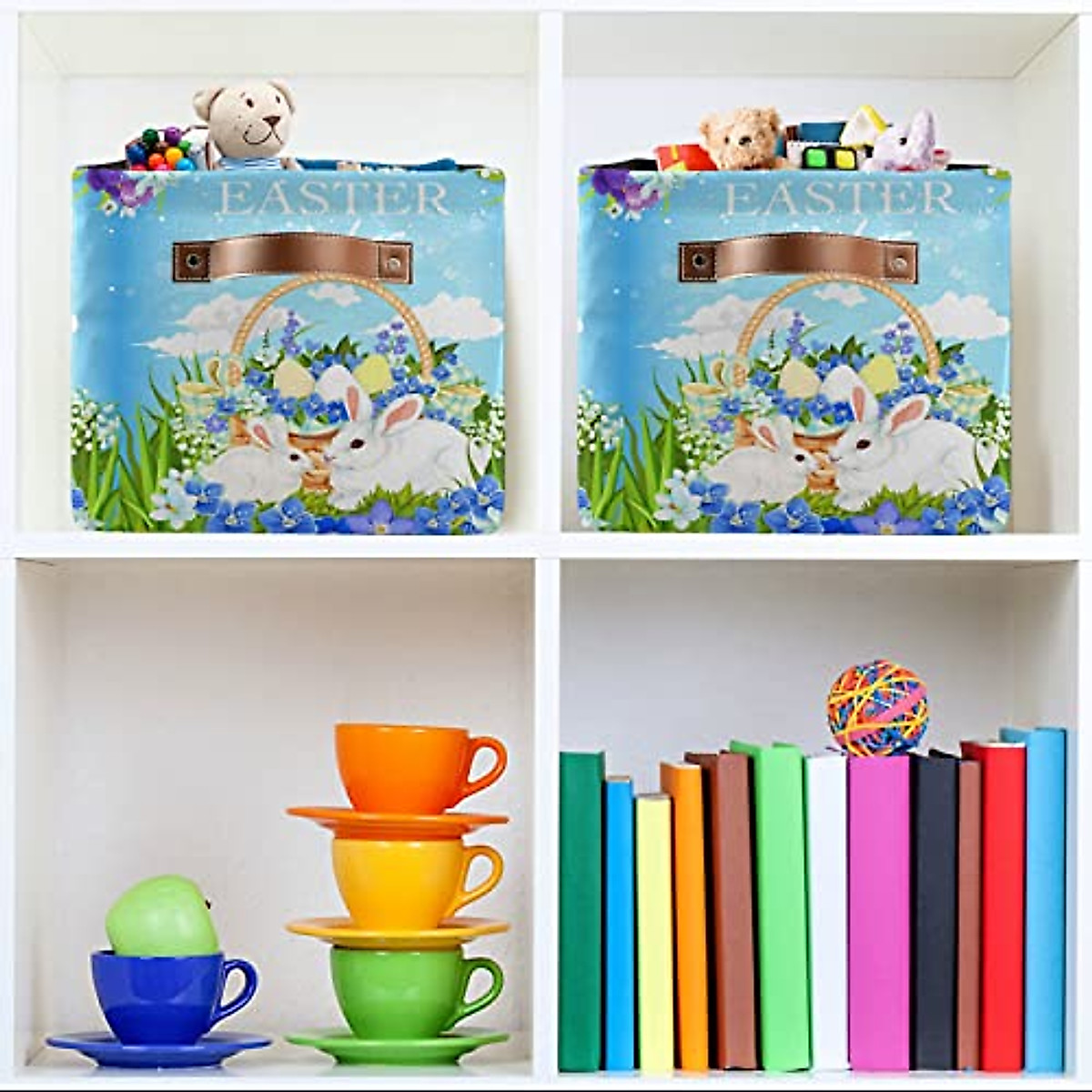 Foldable Storage Basket, Cube Organizer Bins Easter Egg Basket with Bunnies and Spring Flower Cube Bag Dual Handles for Closet Shelf