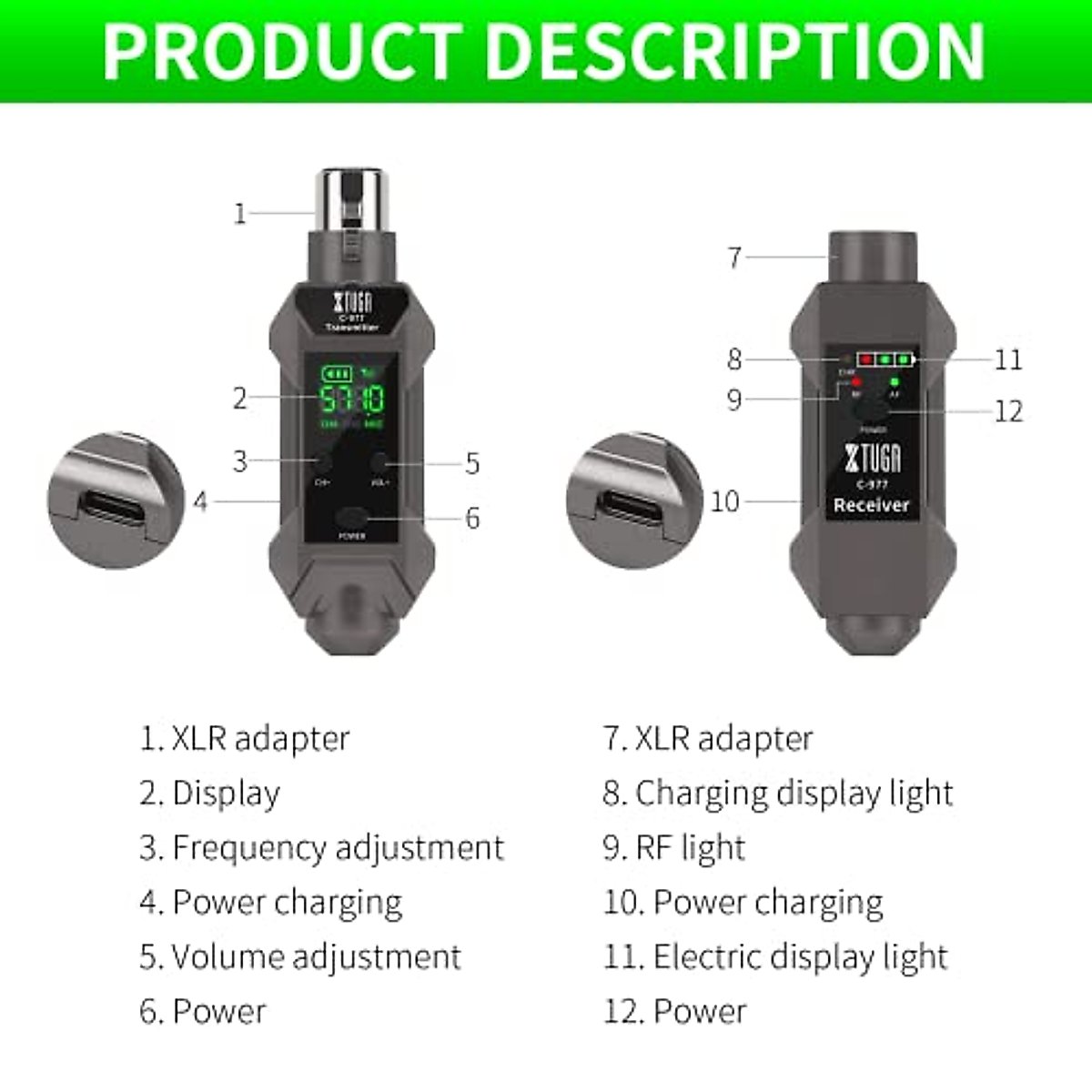 XTUGA C-977 UHF Wireless XLR Transmitter and Receiver& Wireless Guitar Transmitter Receiver,Rechargeable Mic Adapter 16 Channels 164ft Range for Dynamic Microphone,Audio Mixer,Electric Guitar Bass