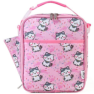 Kasqo Lunch Box Bag for Girls, Insulated Cute Lunch Bag with Shoulder strap Water Bottle Holder Mini Cooler Thermal Meal Tote Kit for Kids, Pink Kitten