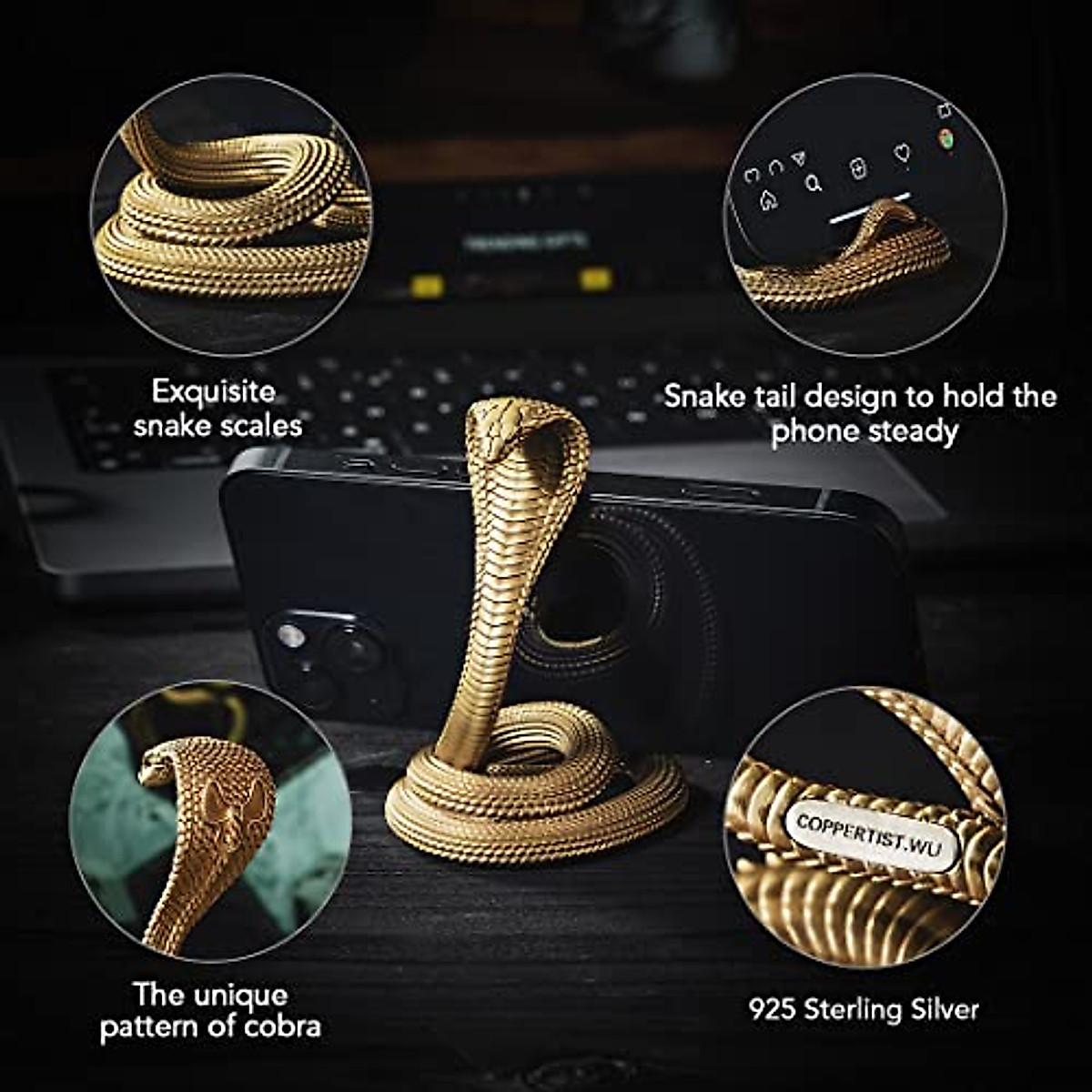 COPPERTIST.WU Cobra Phone Stand for Desk, Snake Cell Phone Holder Mobile Phone Tablet Desktop Smartphone Cellphone Accessories Office Home Statue Decor Ornament, Brass
