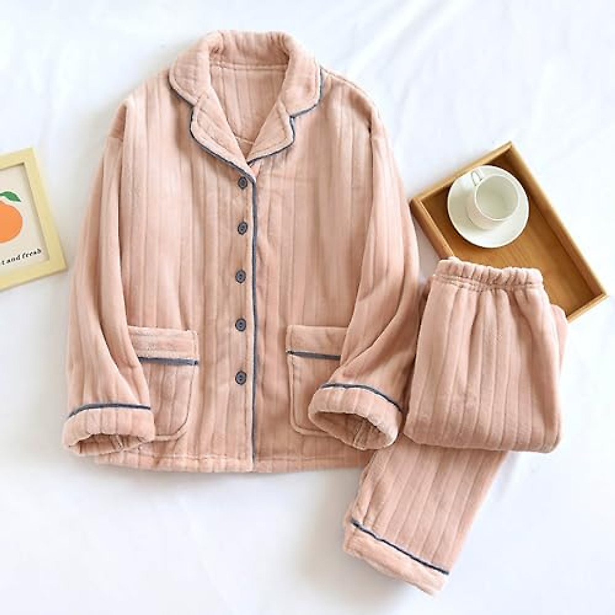 Dadatutu Women's Solid Cable Fleece Pajamas Sets Lapel Sleepwear Pocket Loose Long Sleeve Button Shirt Trousers Pajama Set