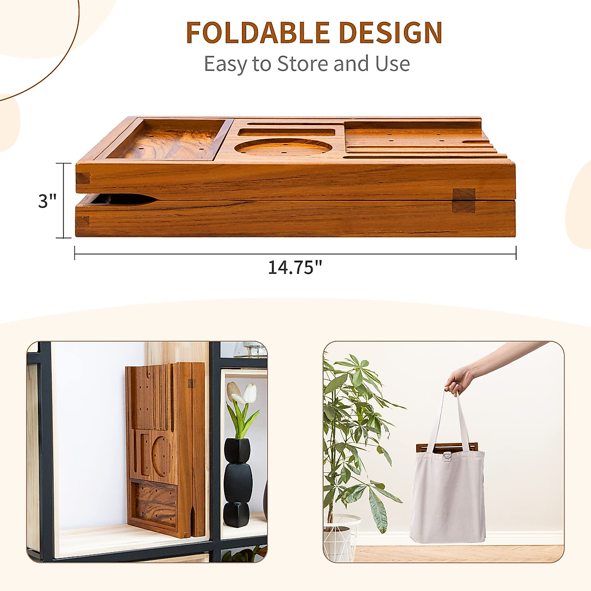 Axeman Teak Bathtub Tray - Bathtub Caddy for Luxury Bath Foldable Bath Tray Bath Tub Accessories with Expandable Handles Wine Glass Phone Holder Book Stand for Home Spa Relaxing and Reading，Natural