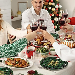 Homlouue 200 PCS Christmas Paper Plates and Napkins, Merry Christmas Disposable Dinnerware Set, Green and Black Plaid Paper Plates Christmas Party Supplies, Cute Cartoon Santa Snowman Plates Serves 50