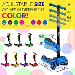 Hurtle 3-Wheeled Scooter for Kids - Wheel LED Lights, Adjustable Lean-to-Steer Handlebar, and Foldable Seat - Sit or Stand Ride with Brake for Boys and Girls Ages 1-14 Years Old - Blue