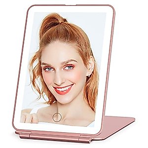 Famihomii Rechargeable Travel Makeup Vanity Mirror with 3 Colors Lighting, Lighted Makeup Mirror with 72 LED Lights and Touch Screen Dimming, Portable Compact Mirror for Makeup(Rose Gold)
