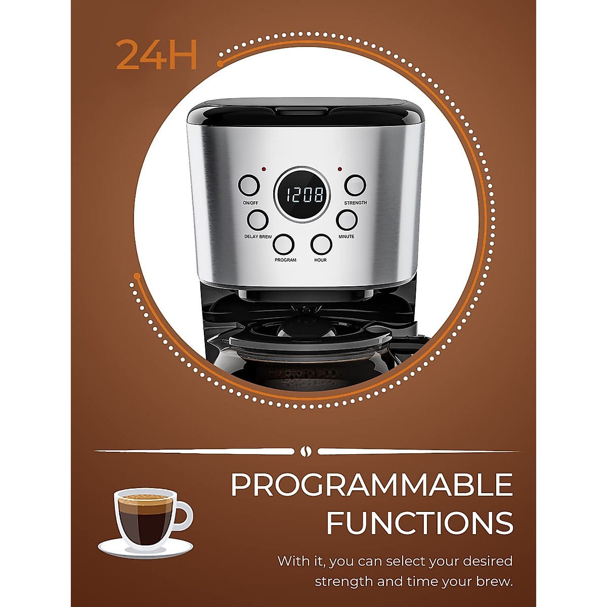 SIMOE Programmable Coffee Maker, 12-Cup Coffee Machine with Timer and Glass Carafe, Keep Warm, Brew Strength Control, Anti-Drip System, Black with Stainless Steel