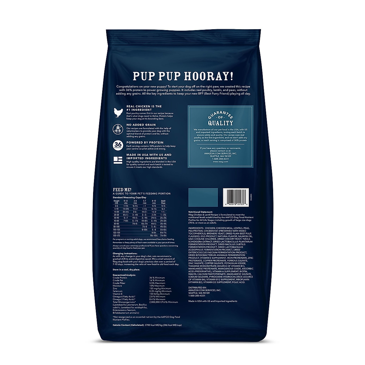 Amazon Brand - Wag Grain Free Dry Dog Food for Puppies, Chicken & Lentil Recipe (15 lb. Bag)