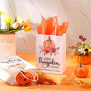 Cholemy 25 Set Pumpkin Gift Bags A Little Pumpkin Is On The Way Gift Bags with Tissue Paper Fall Gift Bags Baby Shower Candy Bags