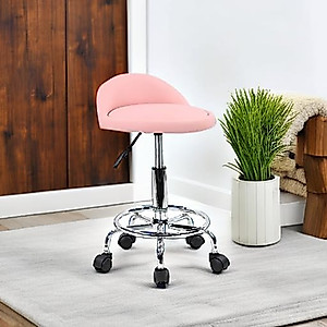 KKTONER PU Leather Round Rolling Stool with Foot Rest Height Adjustable Swivel Drafting Work SPA Task Chair with Wheels (Pink)