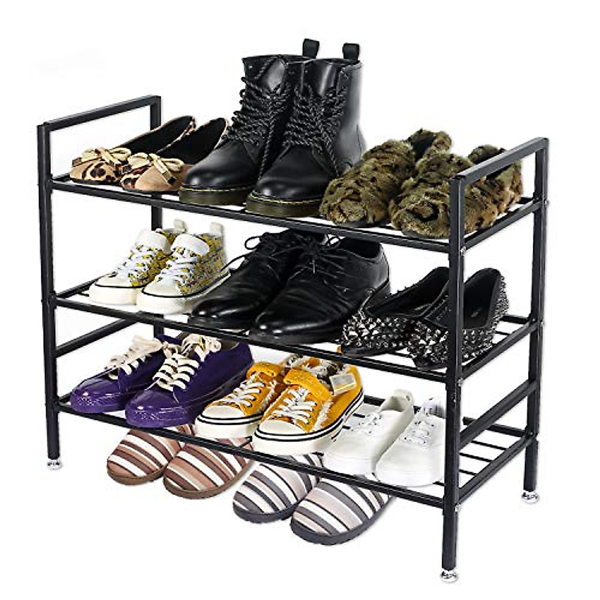 homtuzan Stackable Shoes Rack Storage Shelf- 3-tier or 6 tier Large Wire Grid Shoe Rack Organizer, Metal Space Saving Shoe Shelf, Expandable & Adjustable Shoe Shelf (Black, 3 tier)