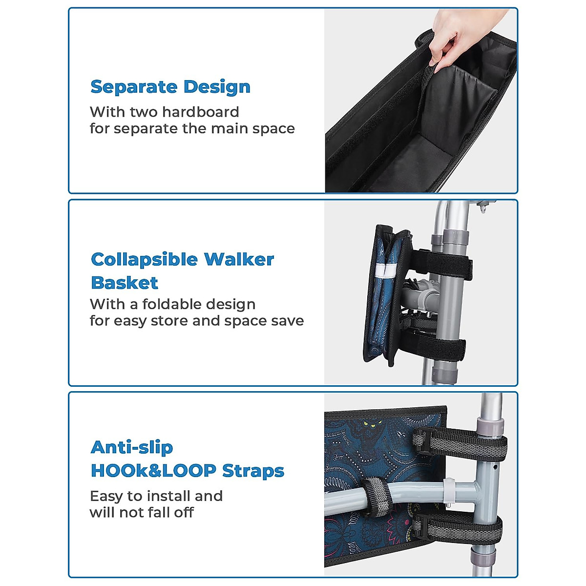 ISSYAUTO Walker Basket, Strap Mount Walker Cup Drink Holder with Two Split Board, Foldable Walker Storage Bag, Best Present for Family and Friends - Navy (Not Fit Rollator Walkers)