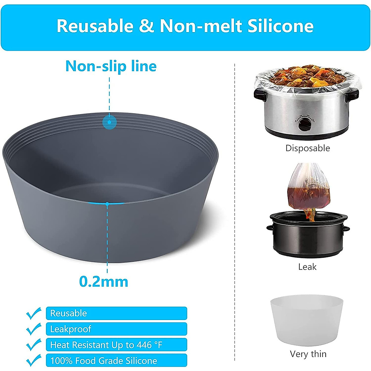 Silicone Slow Cooker Liner, Crock Pot Liners Reusable, Easy Clean, BPA Free, Leakproof, No Melt Silicone Slow Cooker Insert, Dishwasher Safe Liner for 7 Quart to-8 Quart Crock Pot Slow Cookers