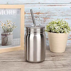 HERCHR Stainless Steel Insulated Mason Jar, Mason Jar Mugs with Lid and Straw Stemless Wine Glass for Travel Mugs, 700ml
