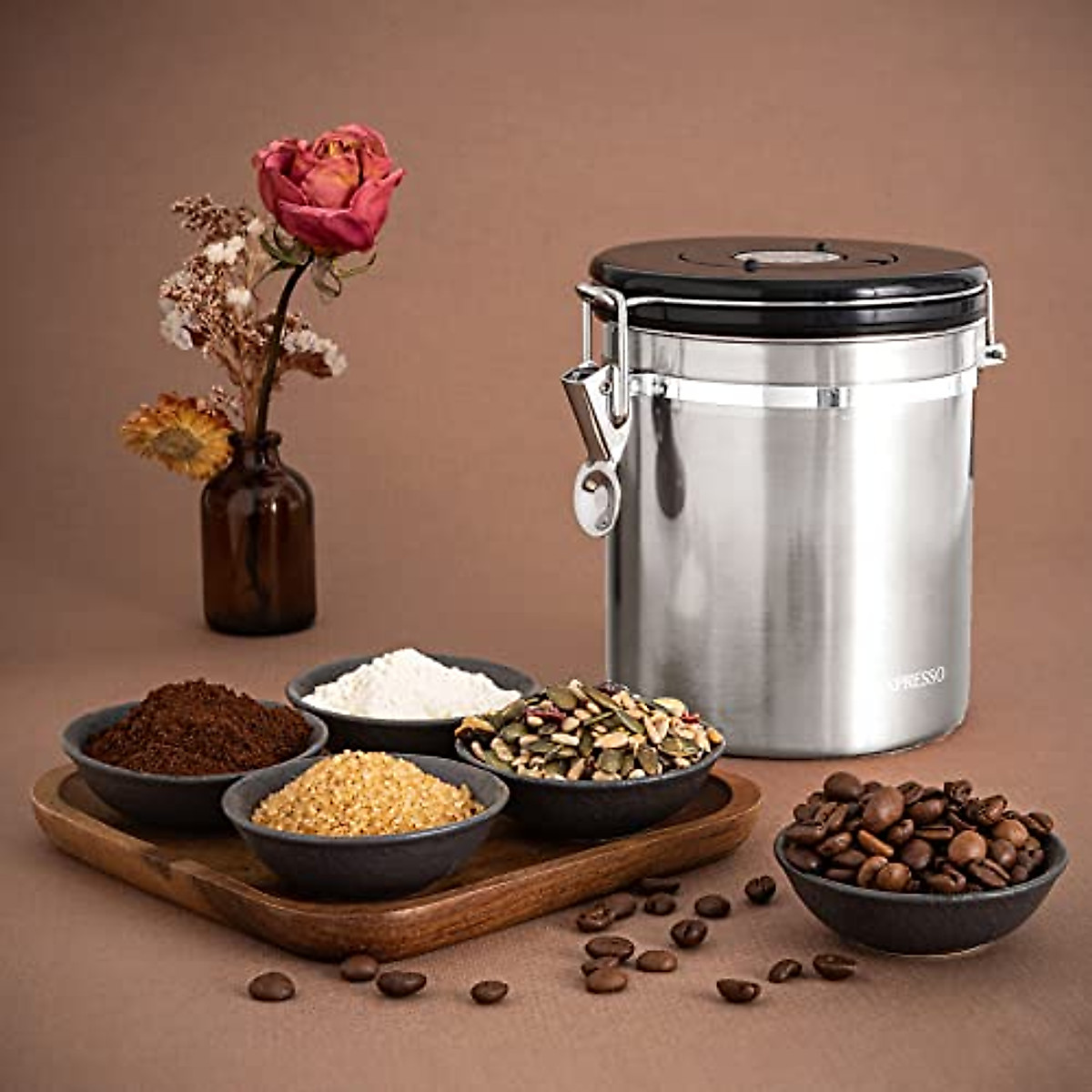 Mixpresso 16Oz Coffee Canister, Stainless Steel Airtight Coffee Container, Ground Coffee Bean Storage with Date Tracker, Vacuum Sealed Espresso Airtight Container, Coffee Jar, Sugar Container