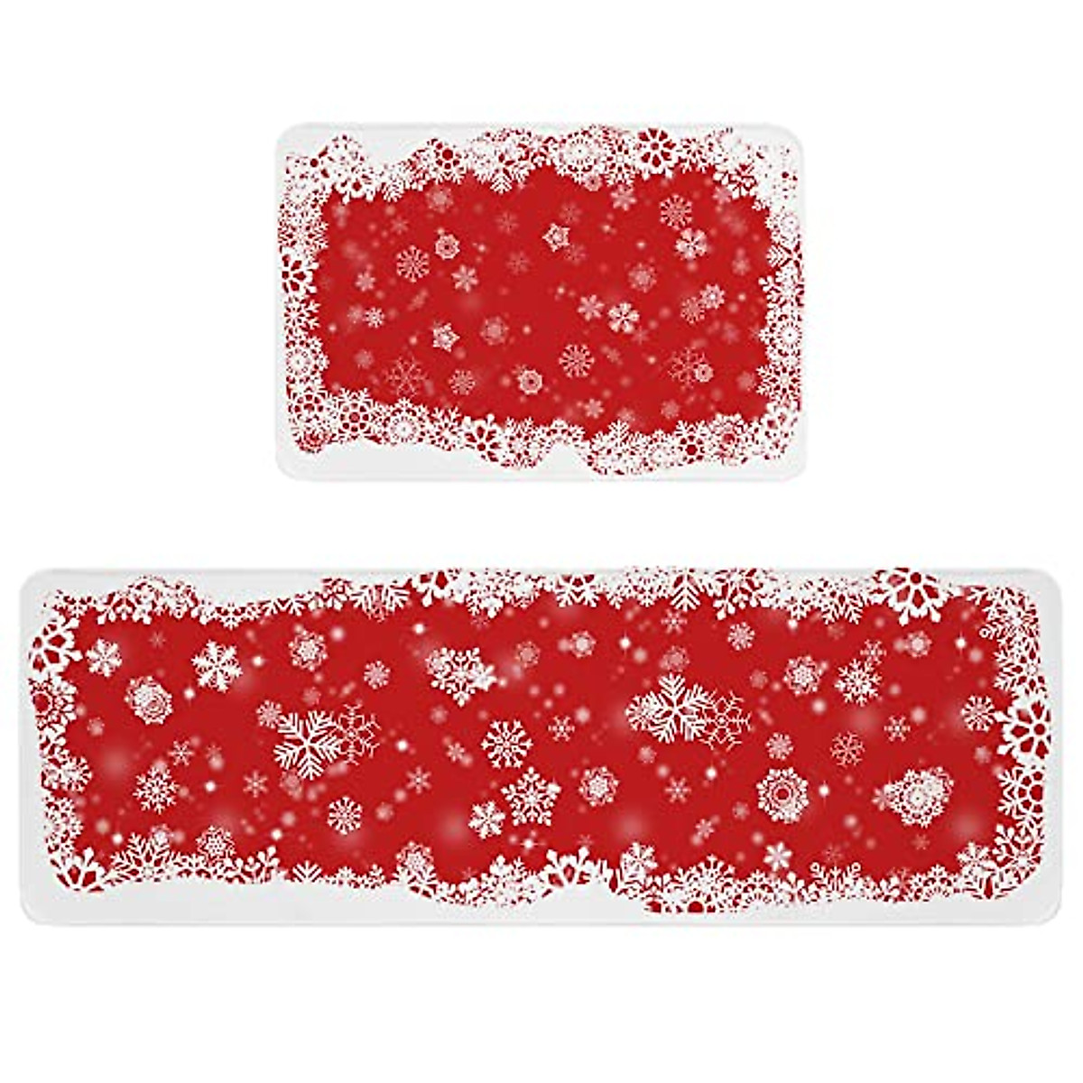 Christmas Snowflake 2PC Memory Foam Kitchen Mats Rectangle Water Absorbent Kitchen Rugs, Anti-Skid Floor Mat for Sink, Hallway 23.6x35.4in+23.6x70.9in Red White Texture Geometric Patterns