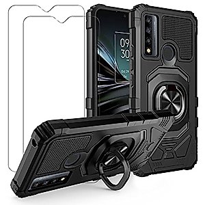 Compatible for TCL 30 XE 5G Kickstand Case with Screen Protector Tempered Glass [2 Pieces], Hybrid Heavy Duty Armor Dual Layer Anti-Scratch Case Cover, Black