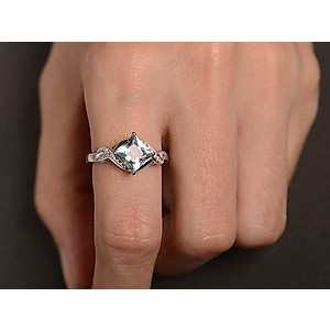 LUO 925 Sterling Silver Aquamarine Ring Kite Set Square Cut 7X7 MM Engagement Ring for Women US Size 6