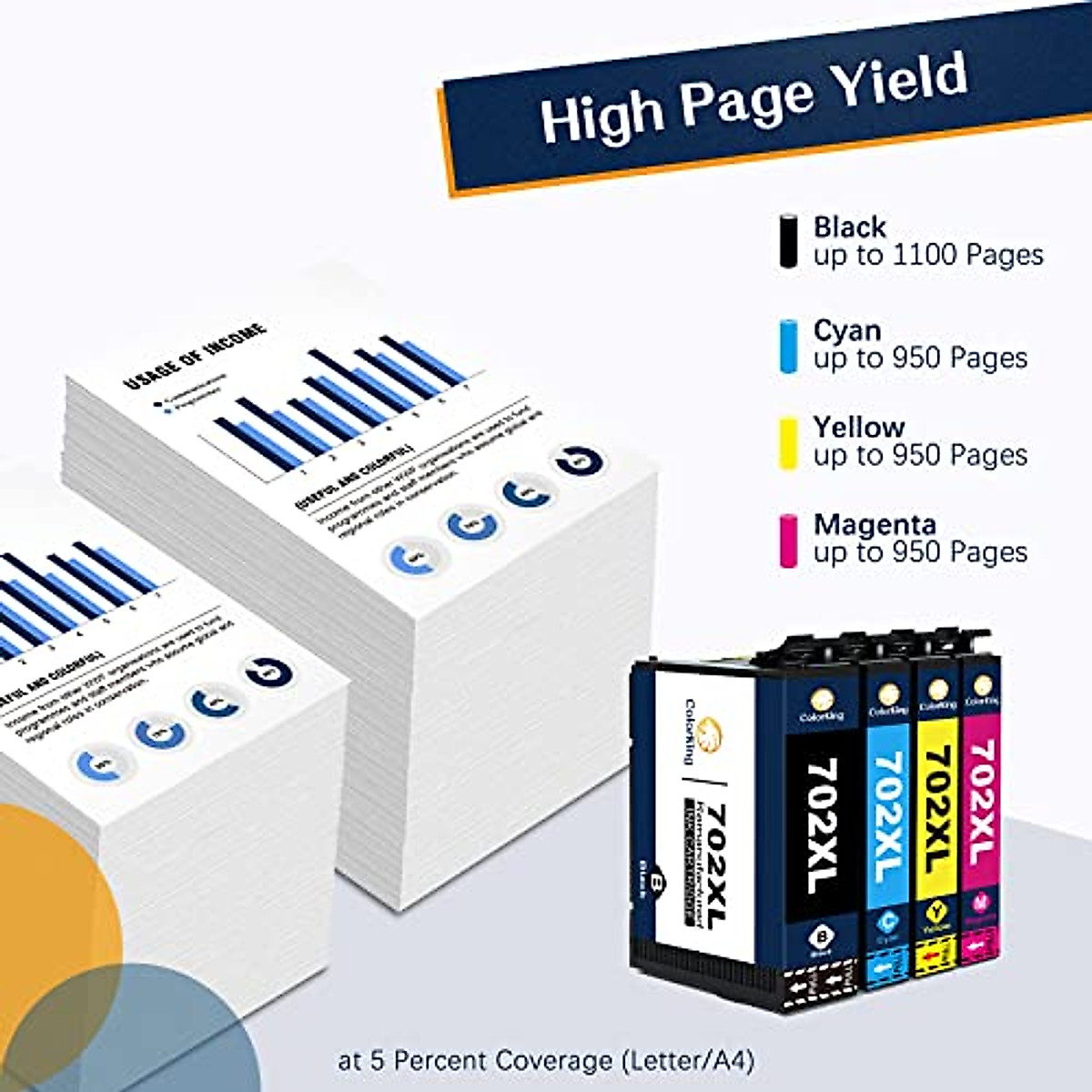 Colorking Remanufactured Ink Cartridge Replacement for 702XL T702 702 XL for Pro WF-3720 WF-3730 WF-3733 WF3720 WF3730 WF3733 Printer (1 Large Black, 1 Cyan, 1 Magenta, 1 Yellow, 4-Pack)