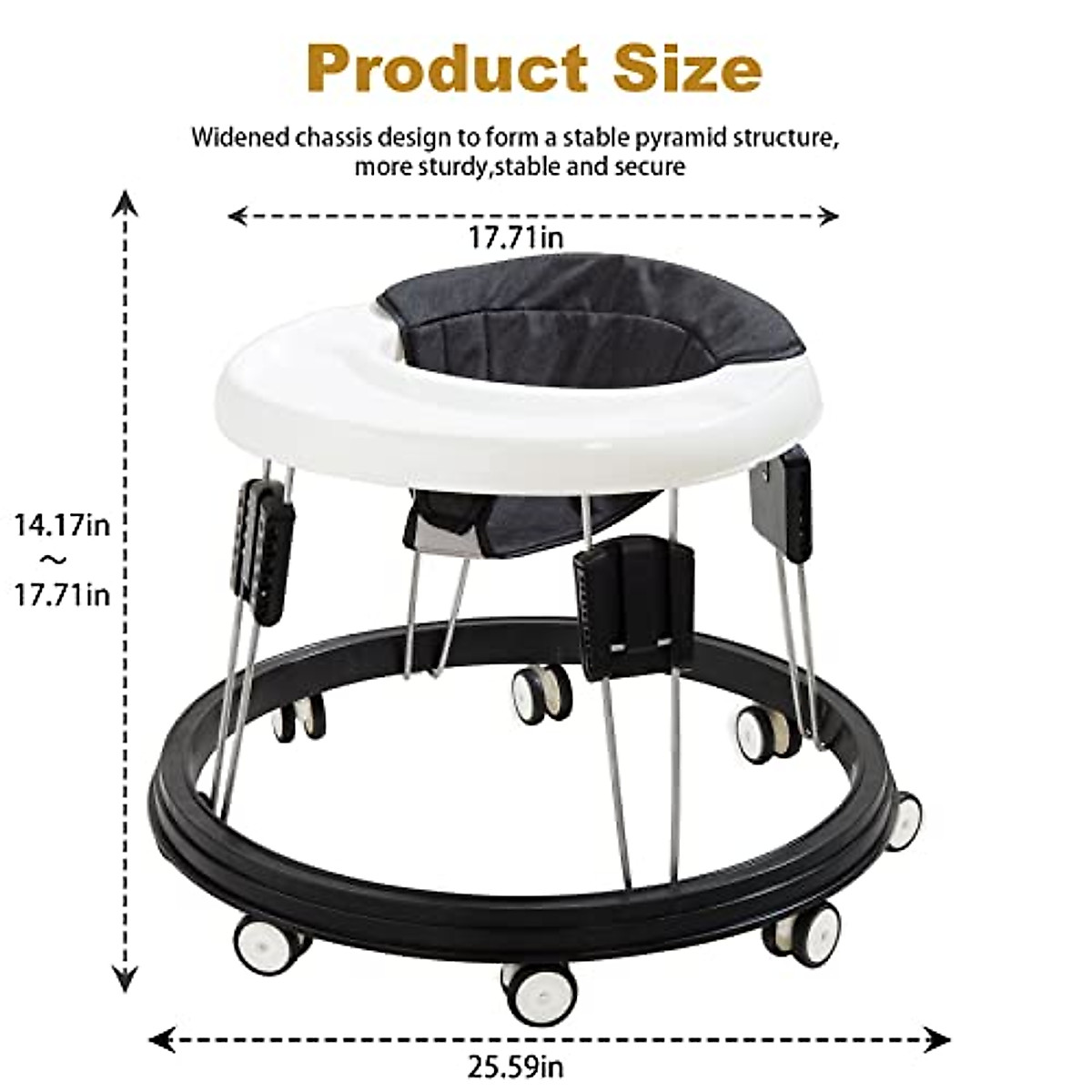 Quocdiog Baby Walker Foldable Adjustable Height,Multi-Function Anti-Rollover Toddler Walker,Suitable for All terrains for Babies Boys and Girls 6-18Months 9 Heights Adjustable (Black)