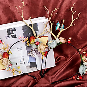 2 Pcs Deer Antler Flower Crown Headbands Tree Branches Butterfly Headband Antlers Headband Cosplay Headdress Hair Accessories for Halloween Chritmas Wedding Party Woodland Fairy Costume