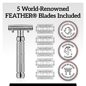 Mr. Fine Premium Double Edge Safety Razor for Wet Shaving, Single Blade Razor, Close Shave, Open-Comb Guard, 100% Metal w/Stainless Steel Core, 5 Feather Blades