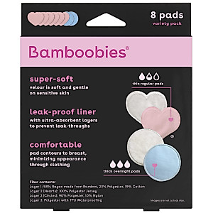 Bamboobies Nursing Pads, Ultra-Soft Velour, Reusable, Washable & Leak-Proof, 6 Regular and 6 Overnight Pads for Breastfeeding