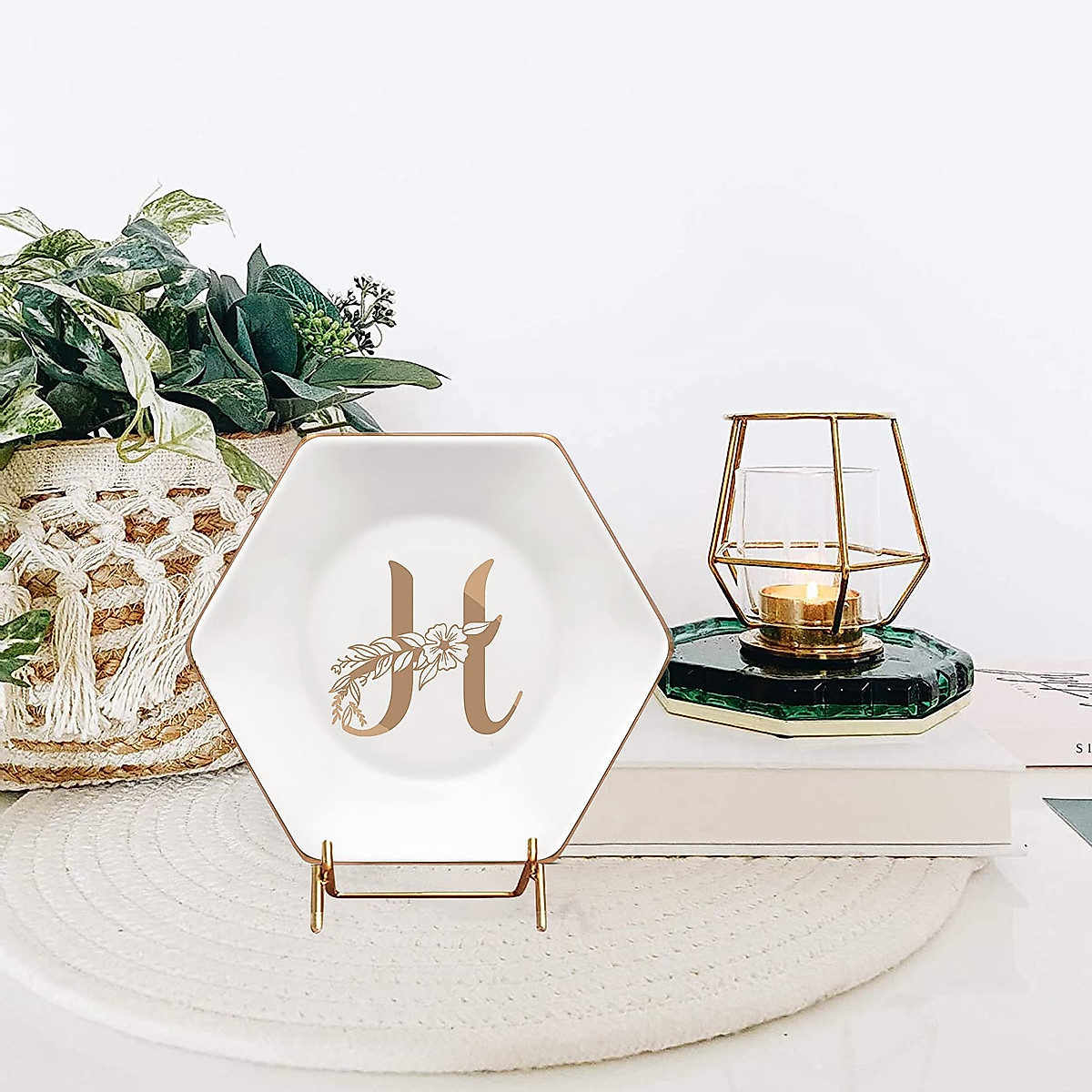 CARAKNOTS Jewelry Tray for Women Ceramic White Ring Dish Birthday Engagement Wedding Valentines Gifts for Her Jewelry Dish for Rings Earring Necklace Monogram Initial Decorative Trinket Plate Letter H