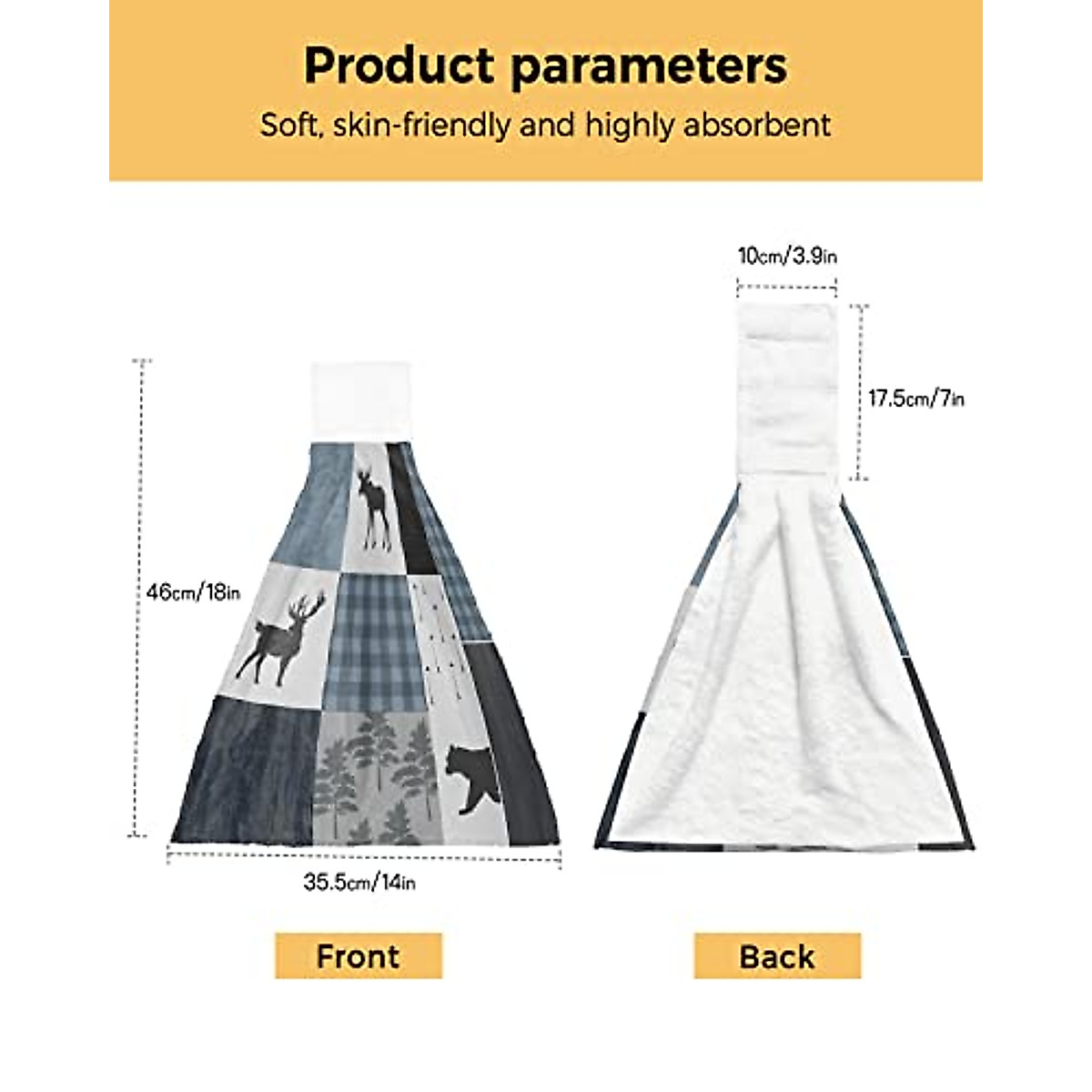 Retro Countryside Bear Moose Woods Hand Towel with Hanging Loop, Grey Blue Buffalo Plaid Hanging Tie Towels Set 2 Pcs, Kitchen Absorbent Towel for Bathroom Tea Bar Laundry